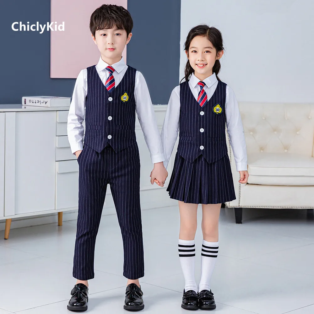 Boys Vest School Uniform Suits Girls Striped Waistcoat Pant Skirt ...