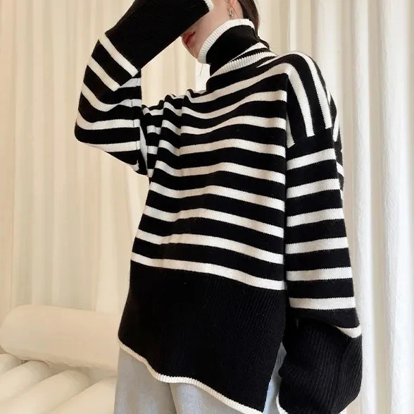 High-neck-wide-sleeved-striped-sweater-wool-stitching-loose-and-thin ...