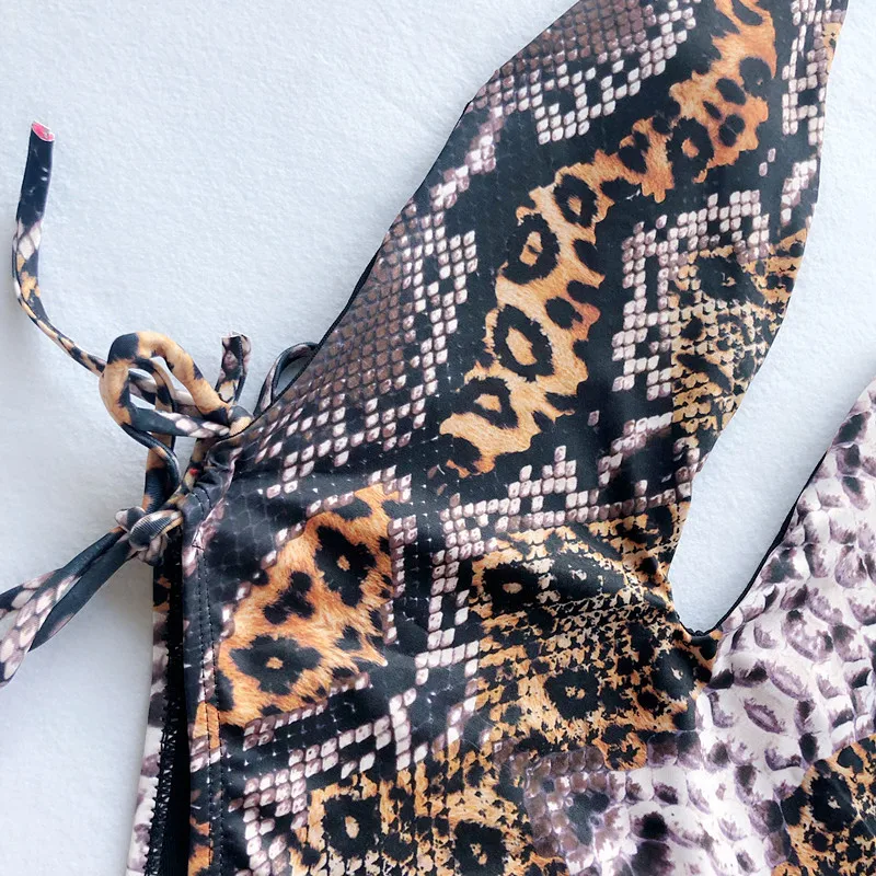 Snake Print Plunge One Piece Swim Suits Women Backless Swimsuit High ...