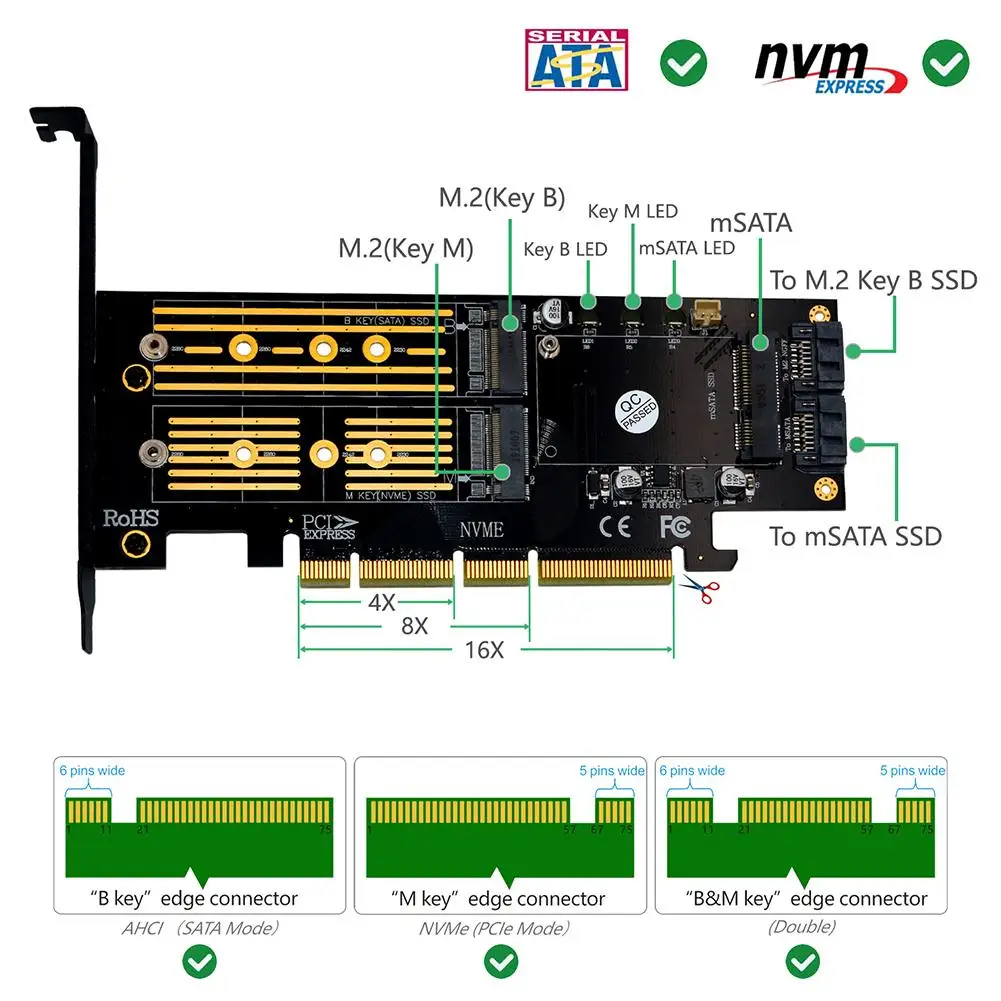 3 en 1 Msata PCIE M.2 NGFF NVME SATA SSD a PCI Express 4X SATA3 ...