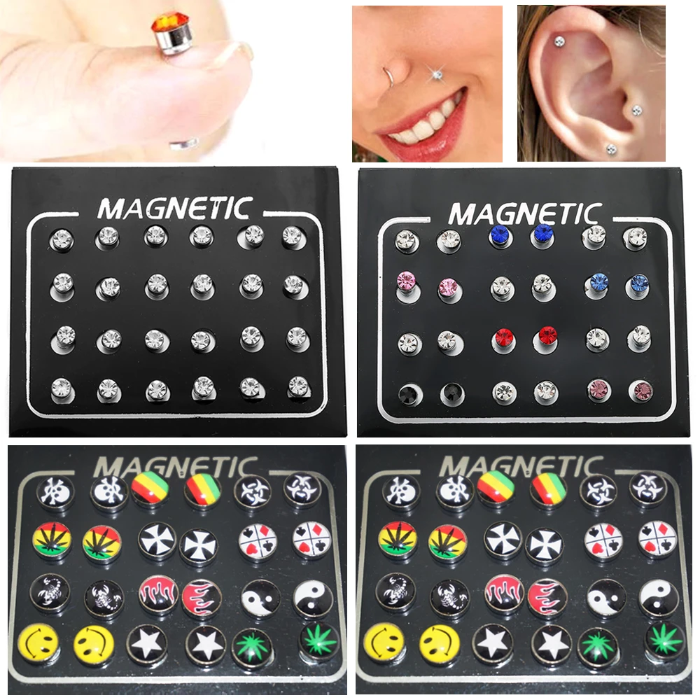 24pcs Crystal Strong Magnet Magnetic Ear Stud Set Nose Lip Non Piercing ...
