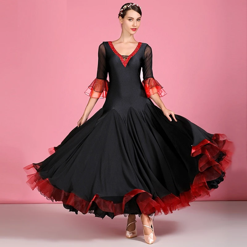 Black And Red Retro Flared Sleeve Ballroom Dance Dress Standard Dancing ...