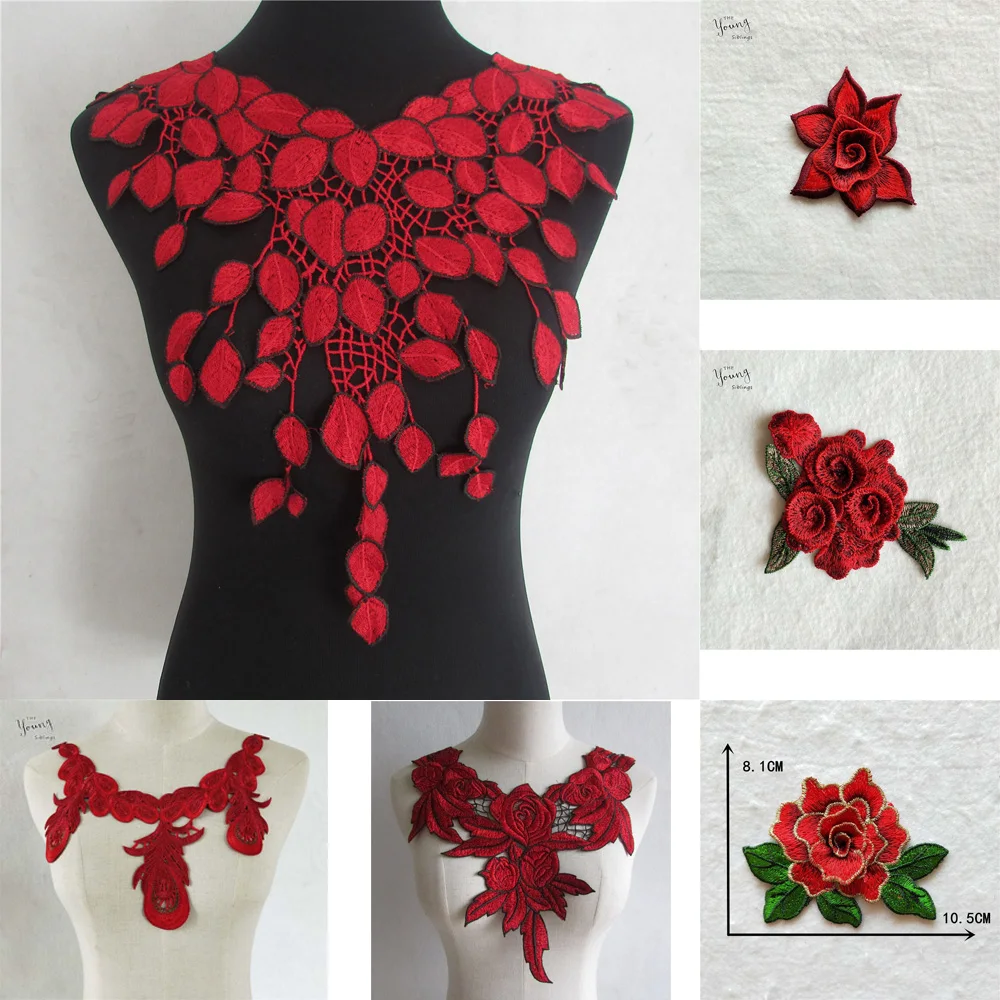 Red Openwork Lace Neckline DIY Embroidery Applique Sewing Lace Collar ...