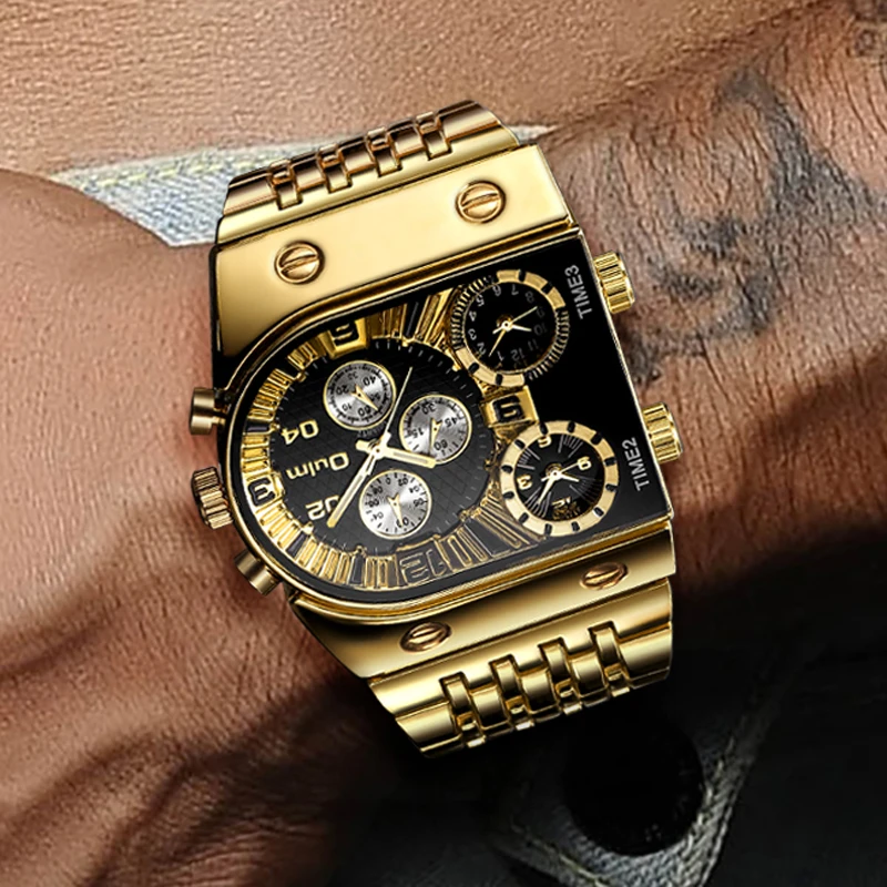 Oulm Top Brand Luxury Gold Sport Watches Men 3 Time Zone Big Dial ...