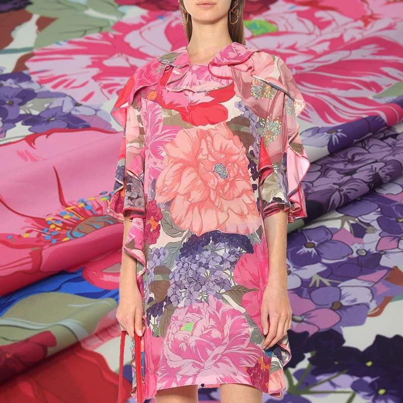 Flores cor de rosa imprimir tecido de seda crepe de chine para vestido ...