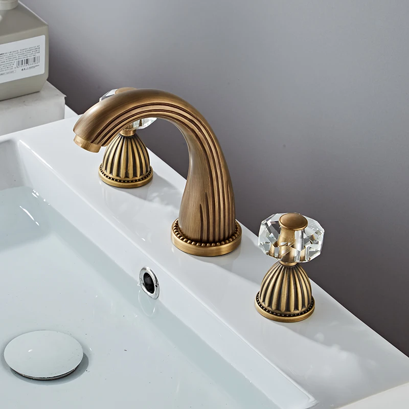 Basin Faucet Antique Bronze Bathroom Sink Faucet 3 Hole Widespread Gold ...