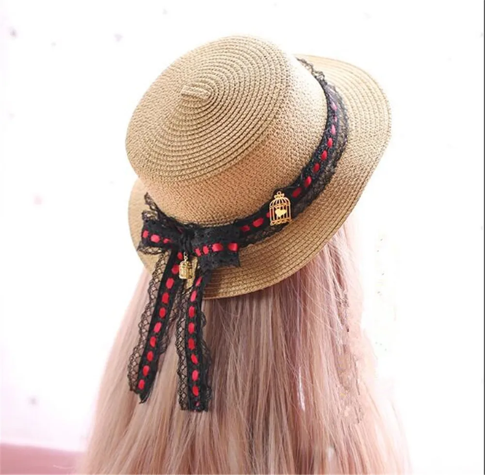 Girl Summer Straw Hats Women Beach Sun Hat Lolita Lace Bow Ribbon Flat ...