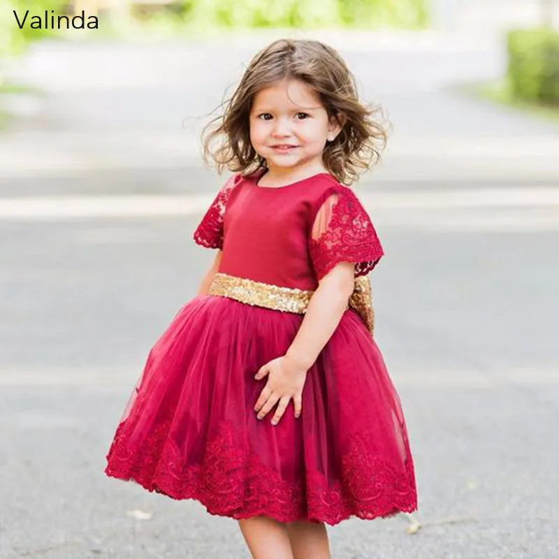 Dark-Red-Formal-Girl-Dresses-for-Wedding-Junior-Bridesmaids-Tea-Length ...