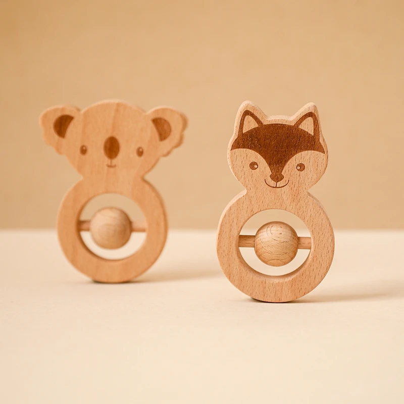 1pc Baby Wooden Animal Rattles Beech Wood Beads Cute Fox Bear Shape ...