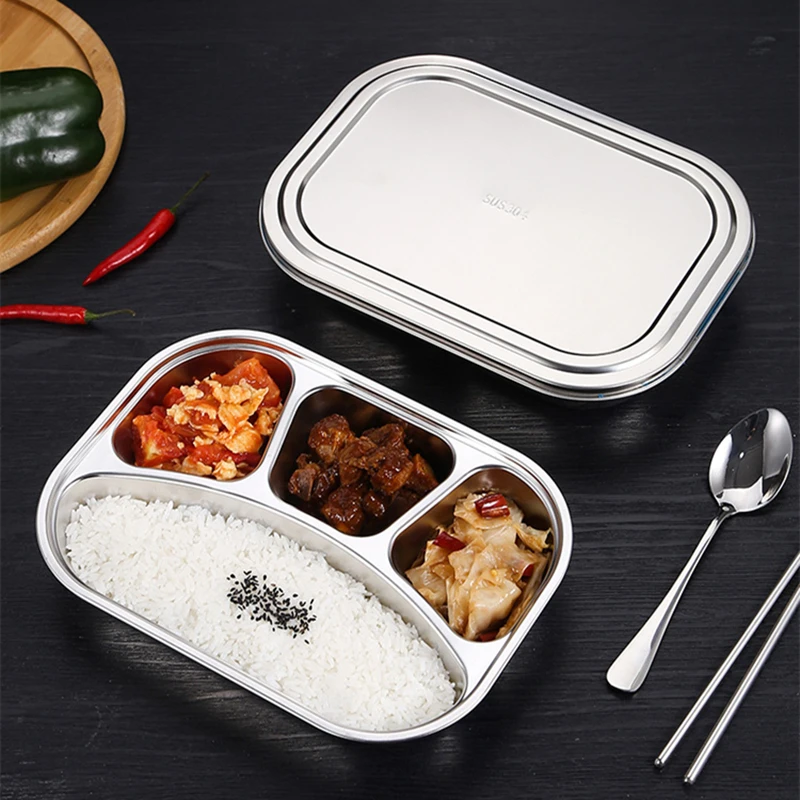 304-Stainless-Steel-Divided-Dinner-Plate-Lunch-Box-with-Lid-Food ...