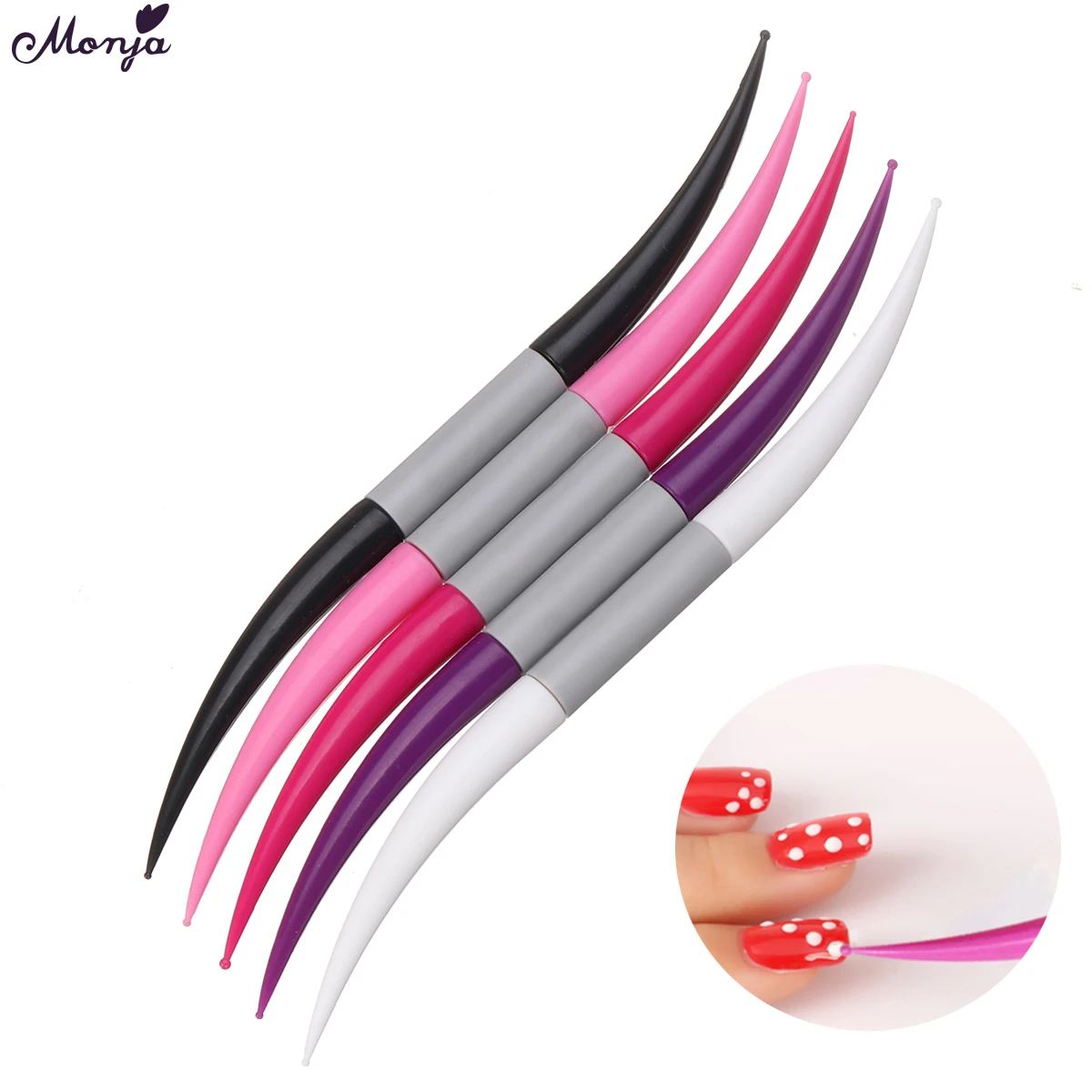 Monja 5pcs/set Nail Art S Shaped Curve Dual End Brush Rhinestone Beads ...