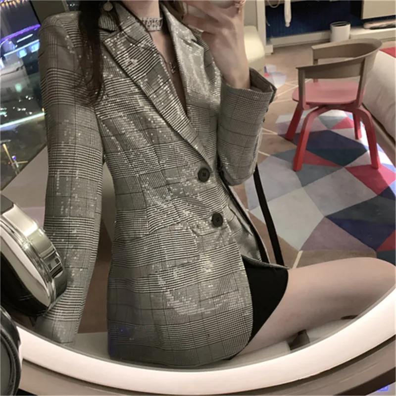 Fashion PVC Sequined Long Sleeve Blazer Women Elegant Temperamental ...