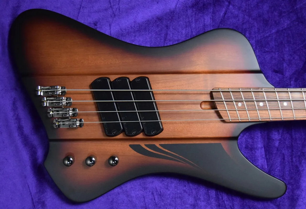 High-end custom 4-string bass electric guitar, blackened yellow ...