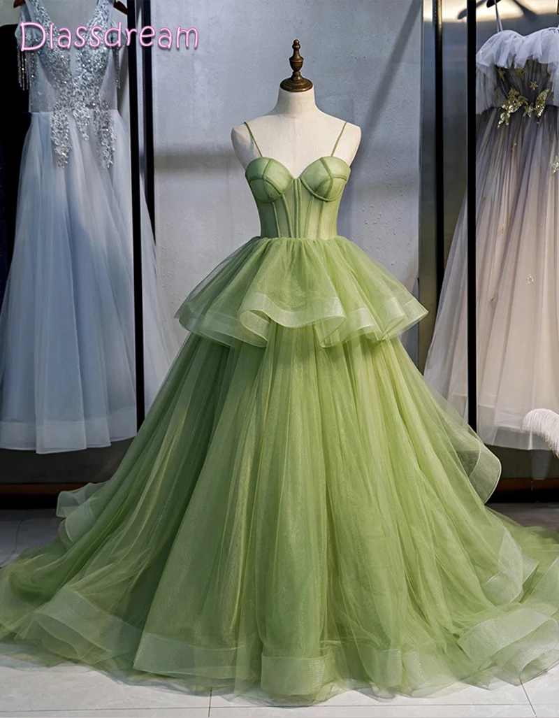 Matcha Green Prom Dresses Tiered Tulle Robes De Soirée Sequins