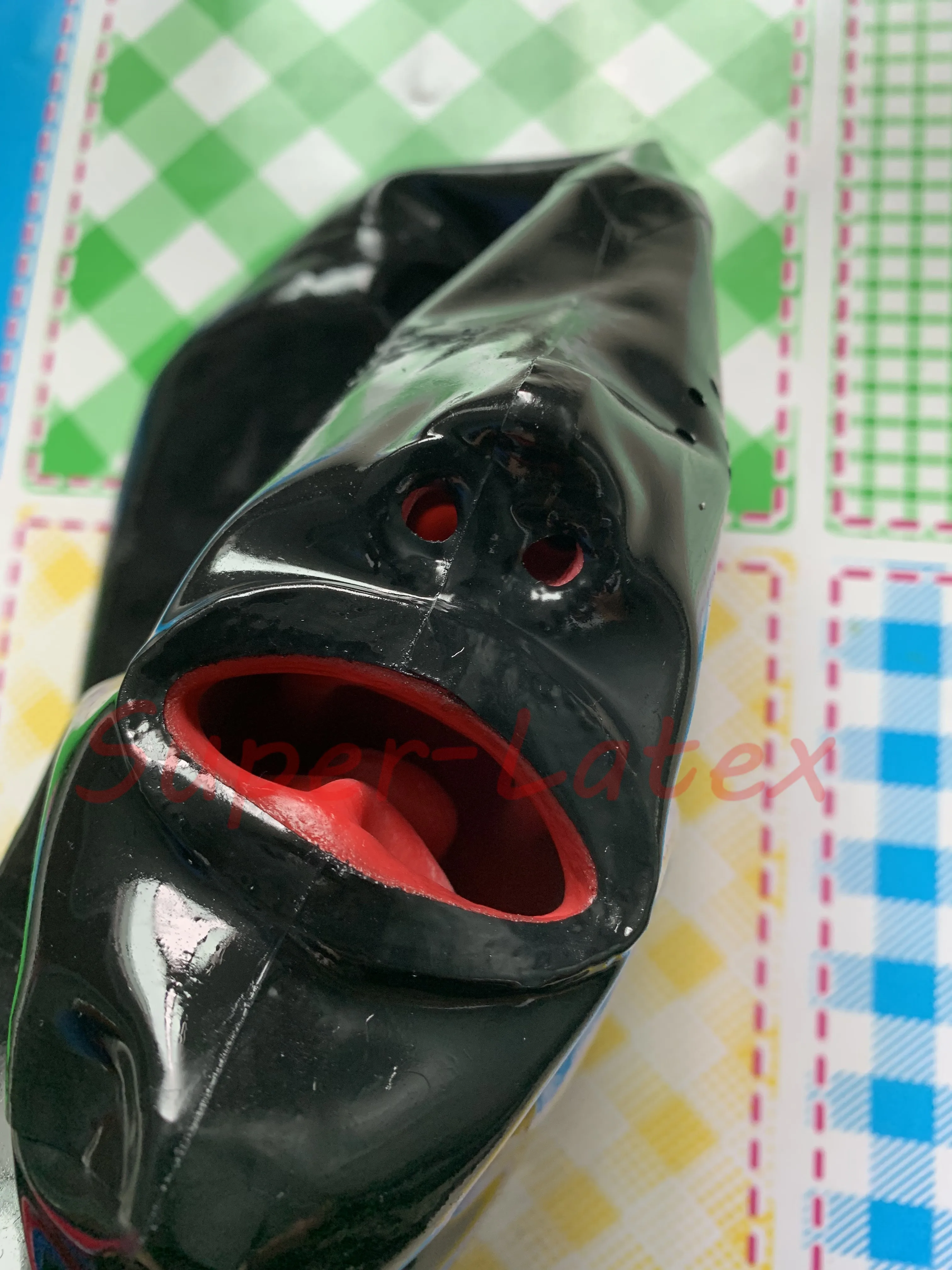 LATEX MASK with red teetch 15cm nose tube MESH EYES LATEX HOOD CUSTOMIZED