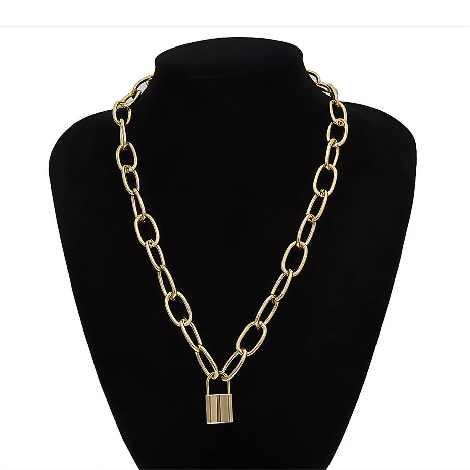 Gold Color Lock Pendant Curb Cub Thick Choker Necklace | Muduh Collection