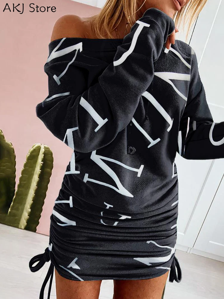 Women Fashion Letter Print Long Sleeve Drawstring Ruched Sweatshirt ...