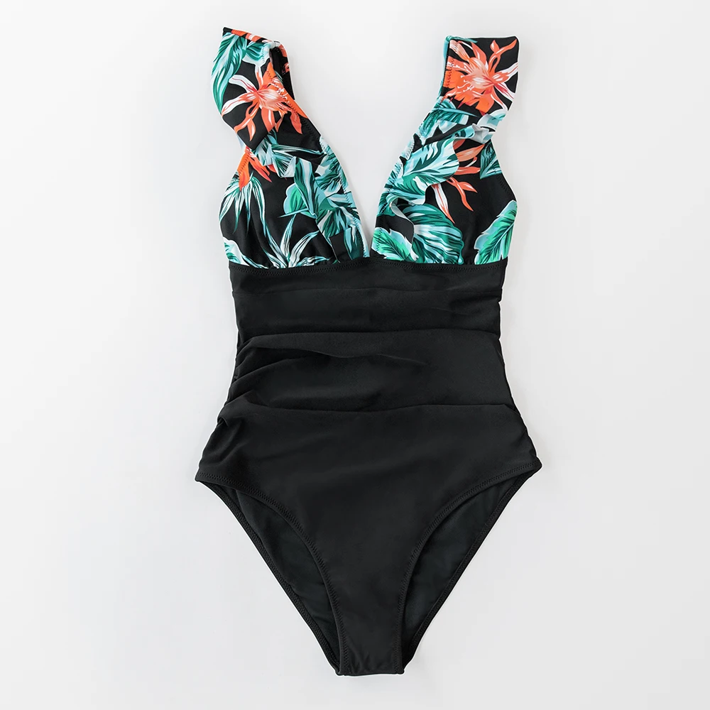 CUPSHE Black Floral V-neck Ruffled One-Piece Swimsuit Women Sexy Cutout ...