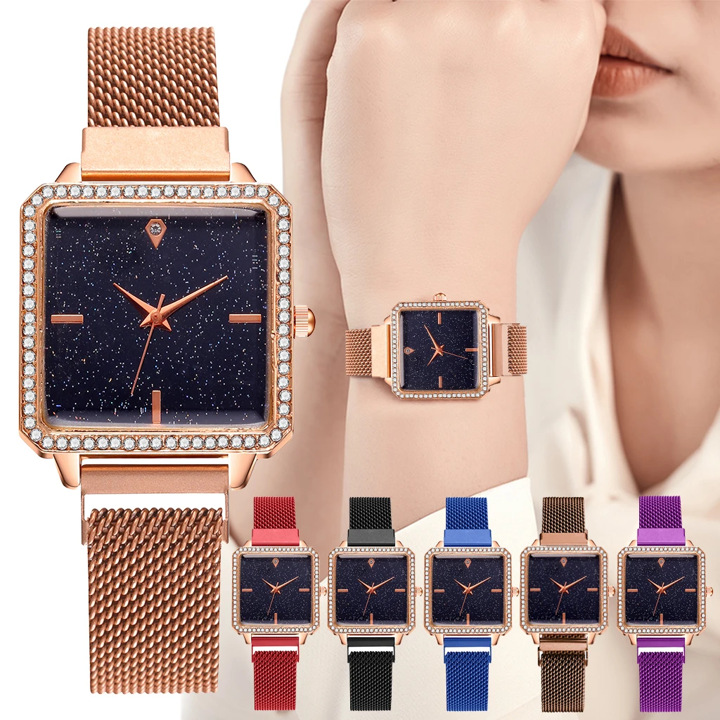 Women Square Diamond Starry Sky Watch Luxury Magnetic Quartz Analog ...
