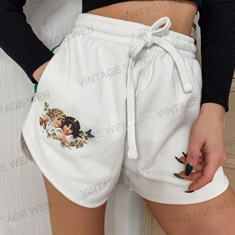 Amerikanischen Retro Engel Print Lace up Sport Shorts frauen Modische Casual Hosen jeans shorts ...