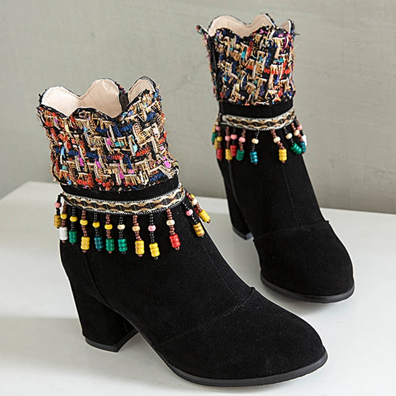 Zapatos de tacón alto de viento nacional para mujer, botines de mujer de otoño, botines sexys ...