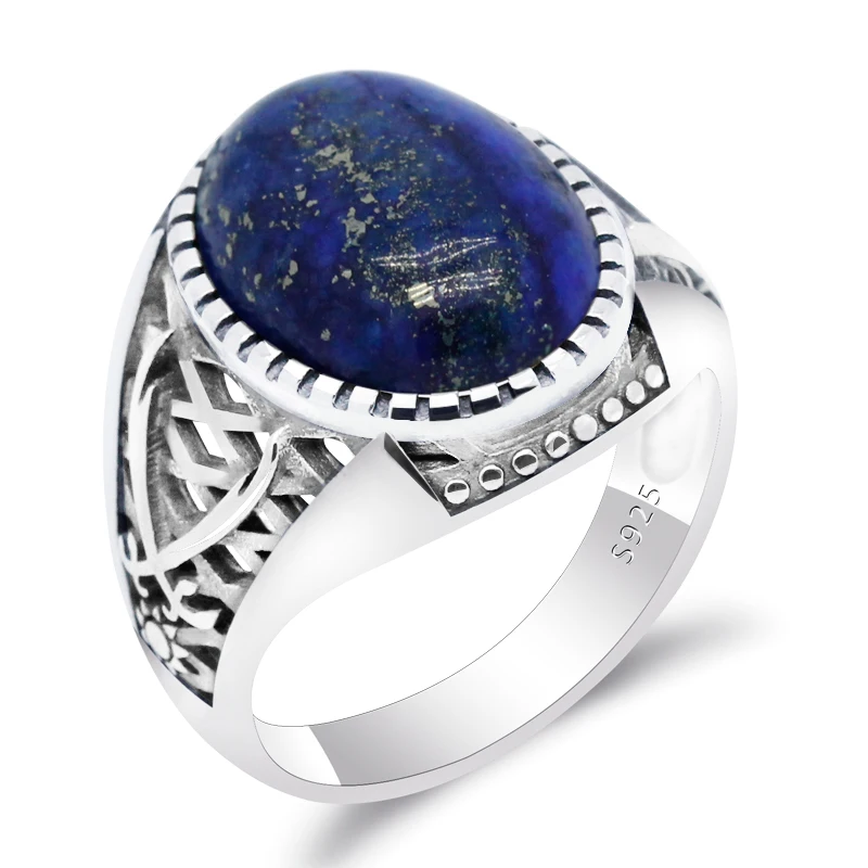 925-Sterling-Silver-Natural-Lapis-Stone-Men-Ring-Islamic-Double-Swords ...
