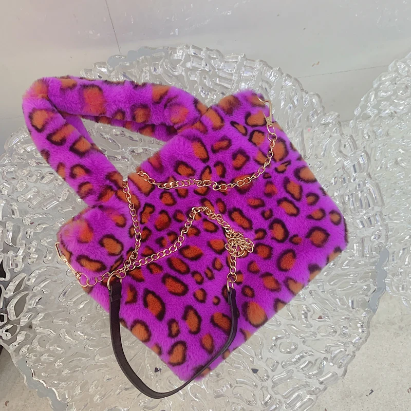 Зимняя модная фиолетовая леопардовая сумка в уличном стиле с цепочкой ...