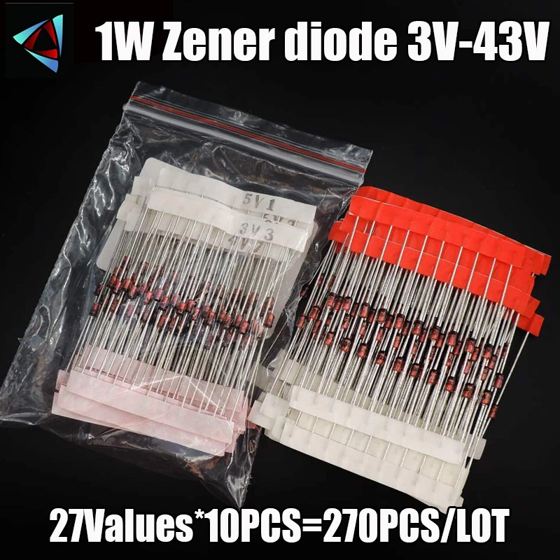 1W Zener Diode 3V 43V 27ValuesX10pcs=270pcs, IN4727 IN4755 Electronic Components Package ...