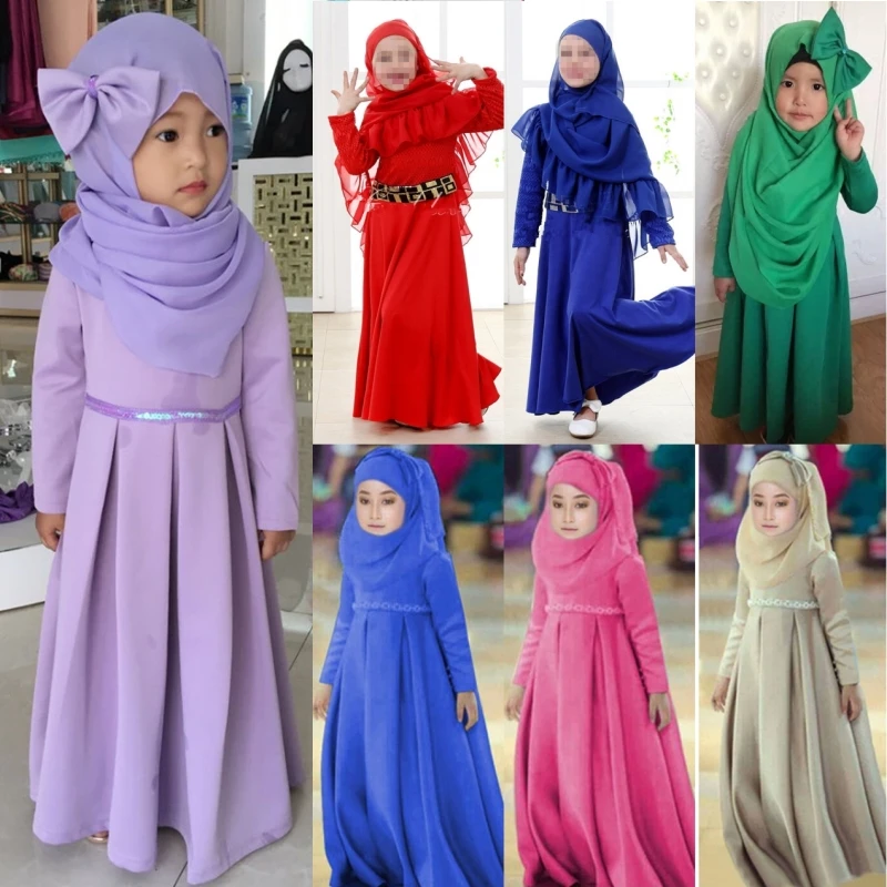 Fashion-Muslim-Kids-Dress-Headscarf-Bow-Tie-Set-Abaya-Robe-Arab-Dubai ...