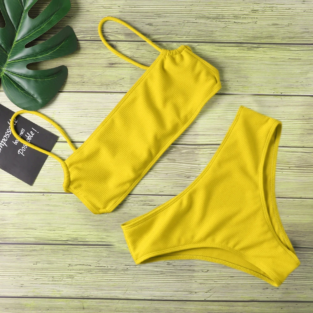 Women-s-Monochromatic-Bikini-Set-Sexy-Swimsuit-Female-Filled-Bra-Simple ...