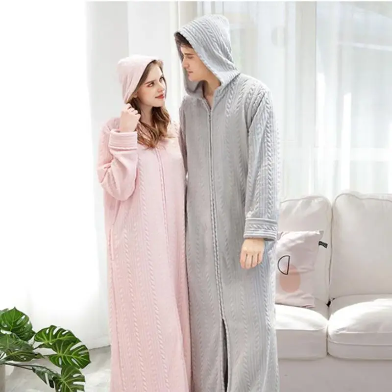 Nightgown Women New Zipper Bathrobe Hooded Fertilizer To Increase The Robe Couple Thickening ...