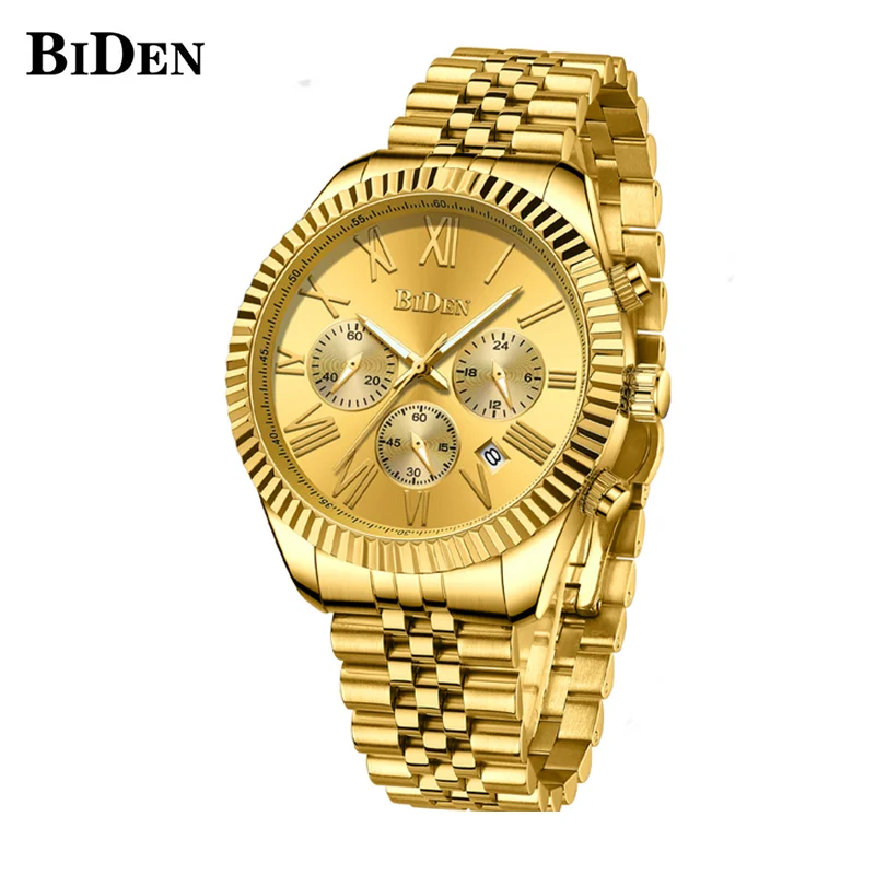 BIDEN Luxurious Men Watches Gold Stainless Steel Wristwatch Fashion ...
