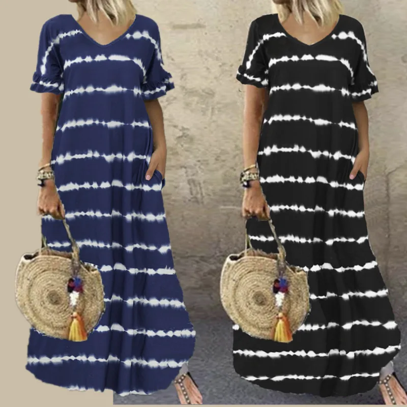 Vestido De Verão Maxi Listrado Irregular Vestido Para Mulheres Da Moda