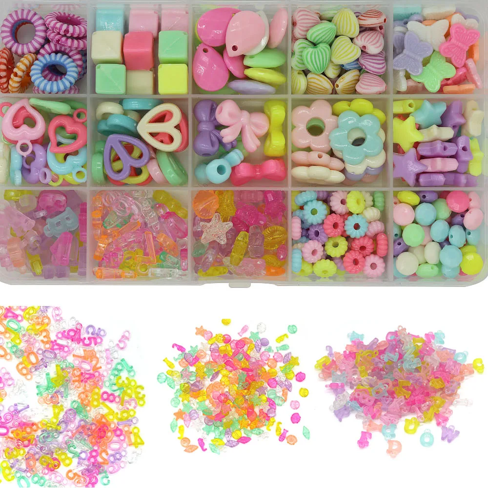 15 Grid Mixed Colorful Glass Acrylic Beads Kits Children Beads Kit Box ...