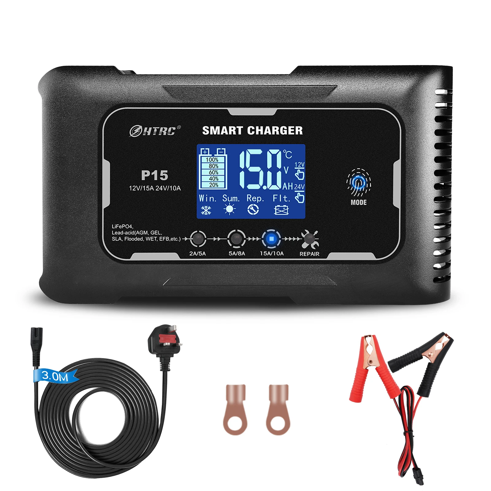 Htrc 12v/24v 15a/20a Car Battery Charger Smart Charger For Lead-acid Pb ...