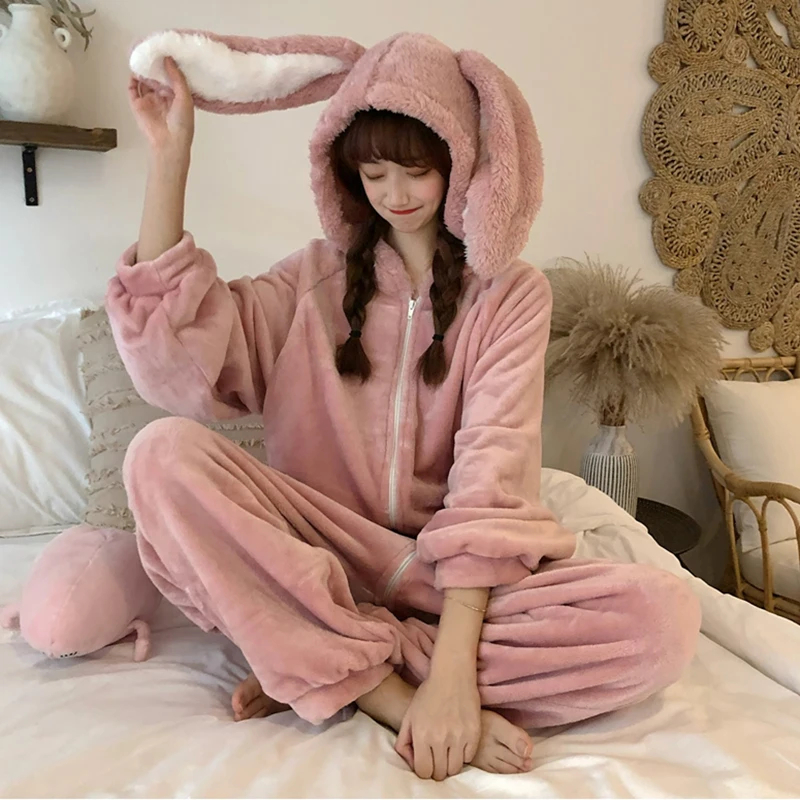 Warm One Piece Hooded Bunny Pajamas Jumpsuit Women Winter Fleece Kawaii ...