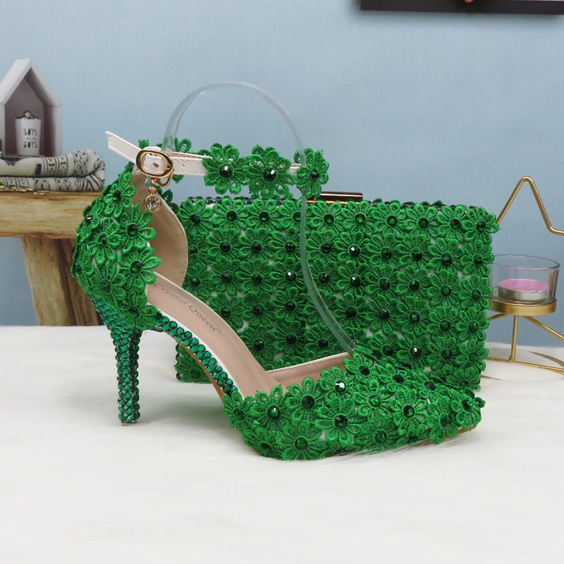 Green Lace Flower Wedding Shoe And Bag Set Pearl Heels Pointed Toe ...