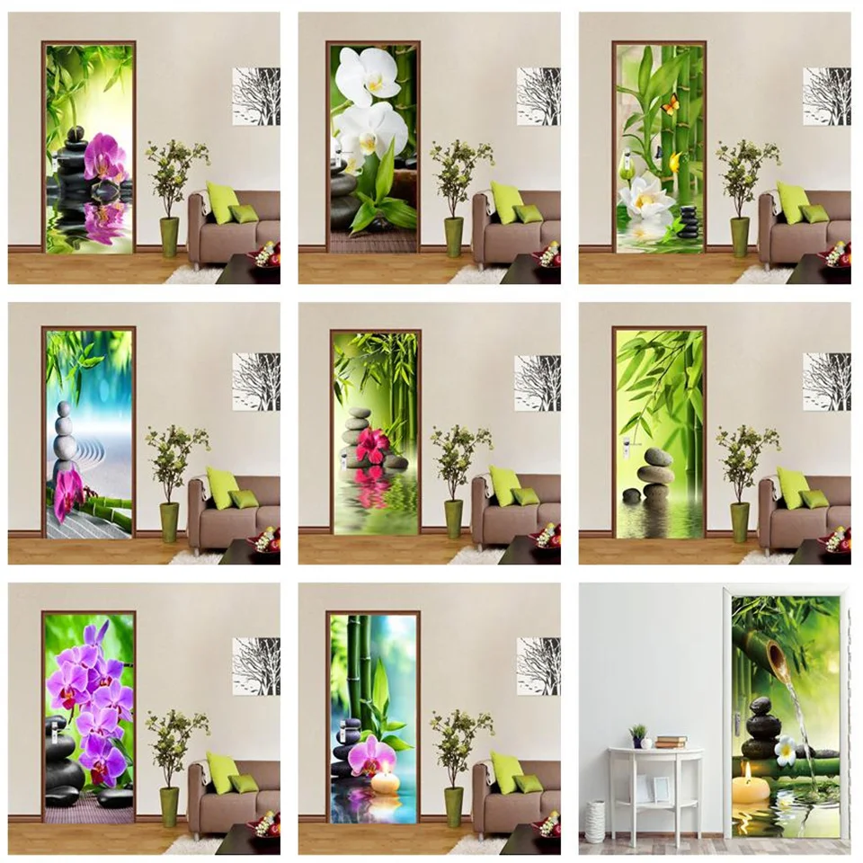 Green-Bamboo-Flowing-Water-Flower-Door-Sticker-Adhesive-Vinyl-Wallpaper ...