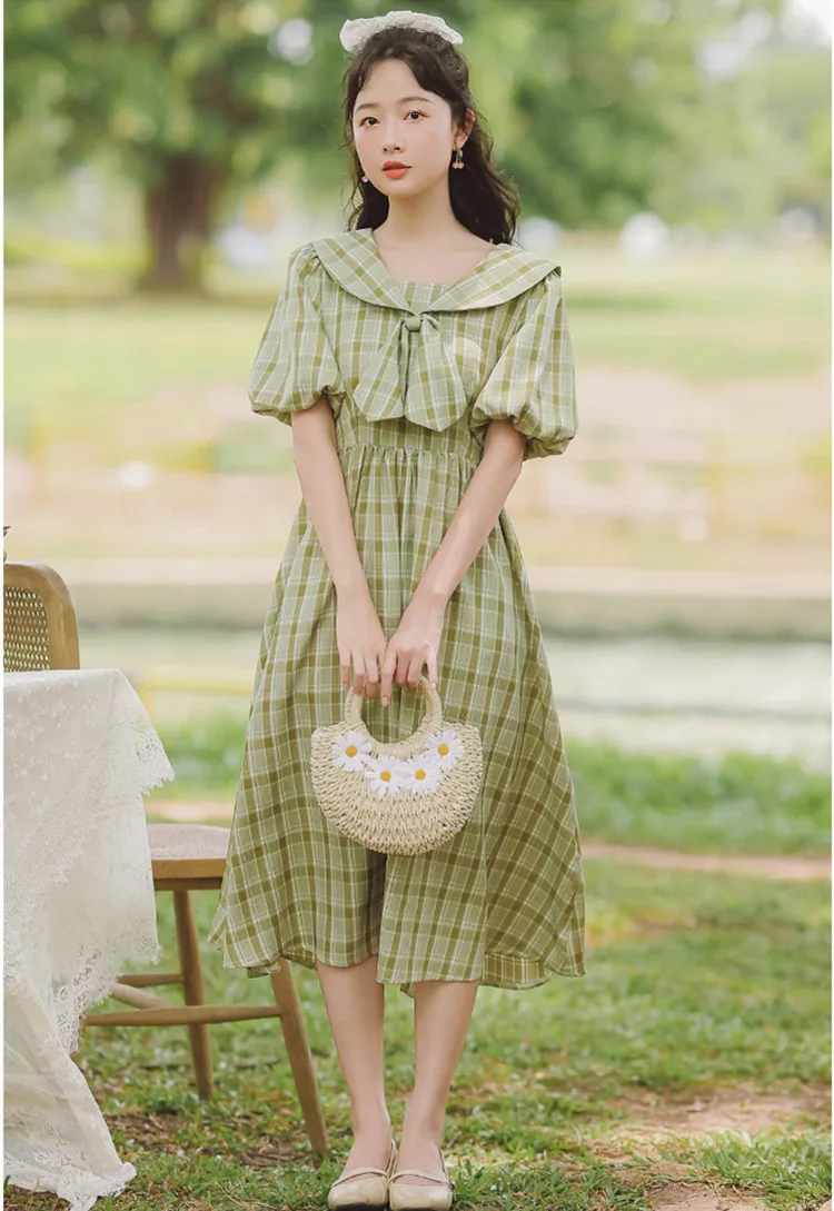 Preppy-Style-Dress-Women-2021-Summer-Navy-Collar-Puff-Sleeve-Bandage ...