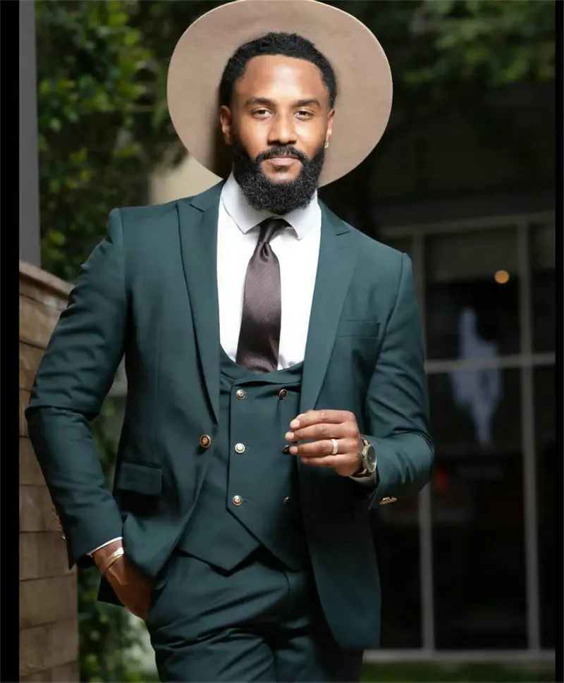 Formal Business Dark Green Men Suits 3 Pieces Double Breasted Vest ...