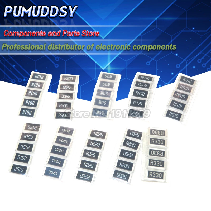 50pcs 1% 2512 Smd Resistor Samples Kit 10 Valuex5pcs=50pcs 1r00 R500 ...