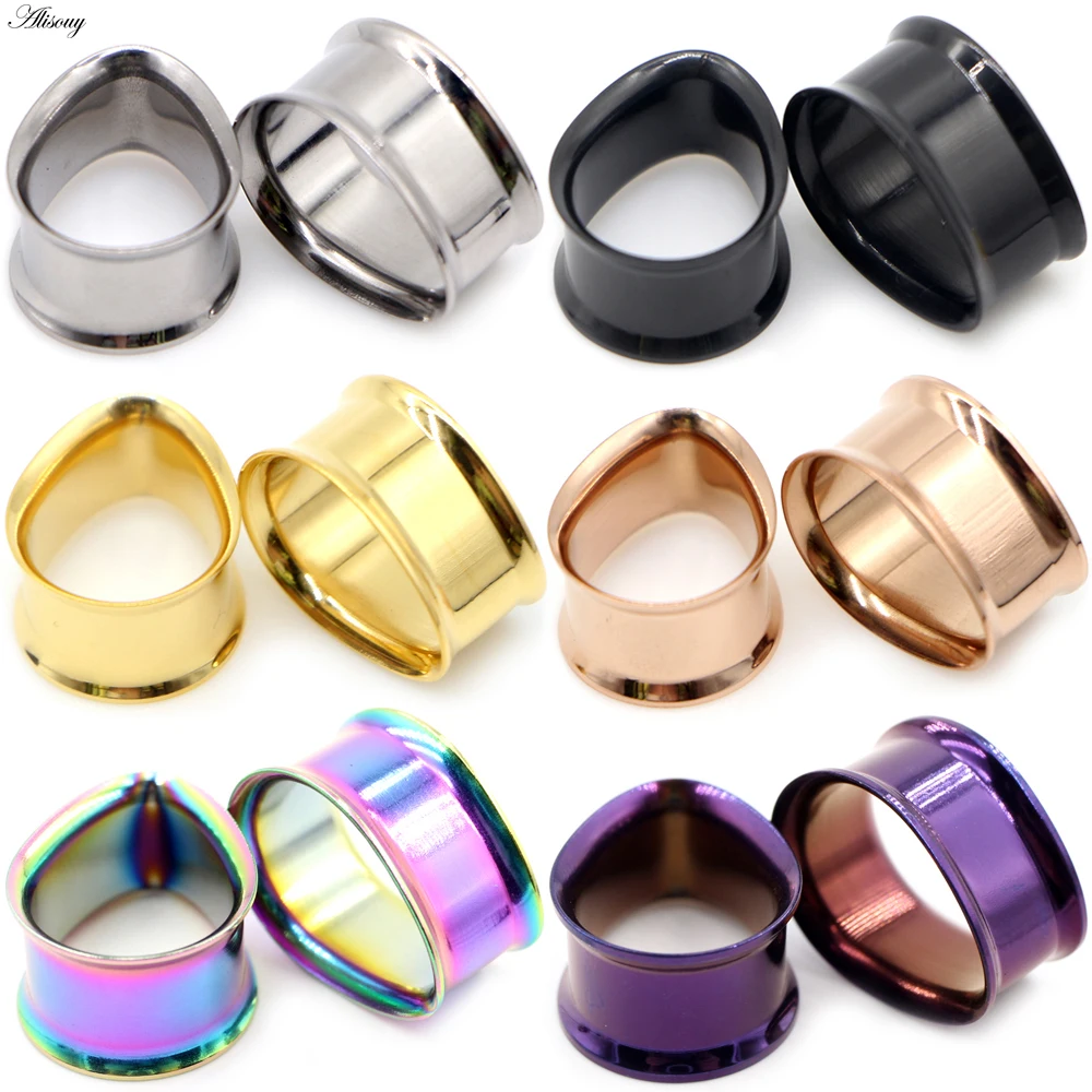 Alisouy 2pcs Water Drop Stainless Steel Ear Plug Tunnels Gold Black ...