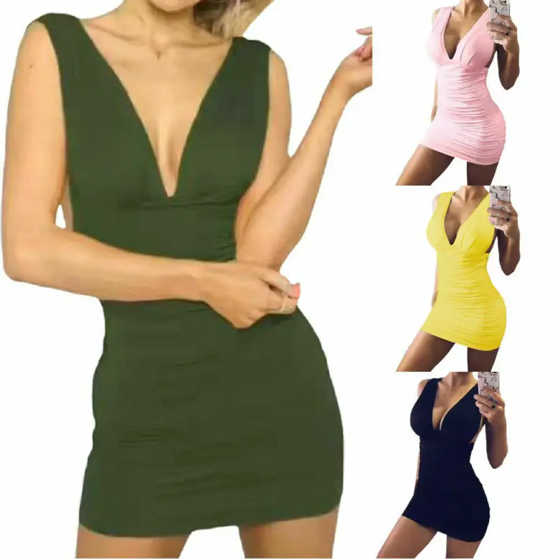 Women Lady Sexy Dress Cotton Blend Evening Party Club V Neck Bodycon ...