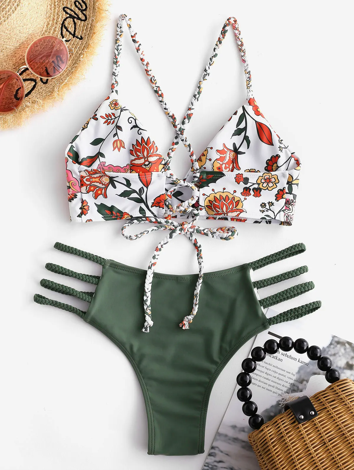 ZAFUL Bikini Flower Braided Lace Up Sexy Bikini Set Spaghetti Straps ...