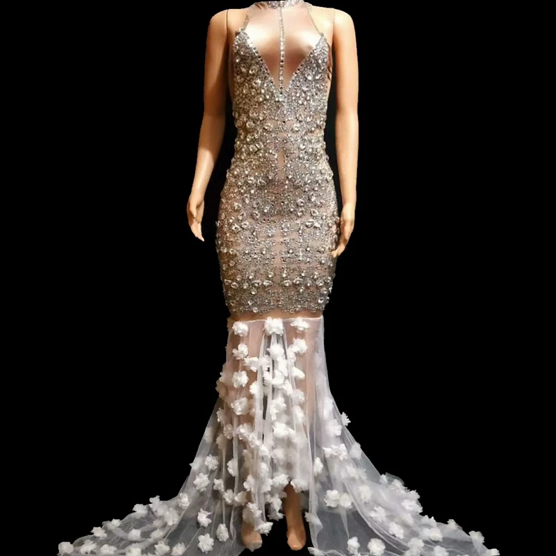 Luxurious Rhinestones Dress Women Sparkly Crystals Evening Flowers Long ...