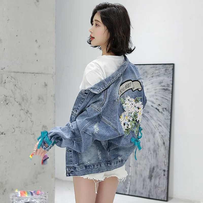 2019 Autumn Women Loose Embroidery Flower Cowboy Coat Short Female ...