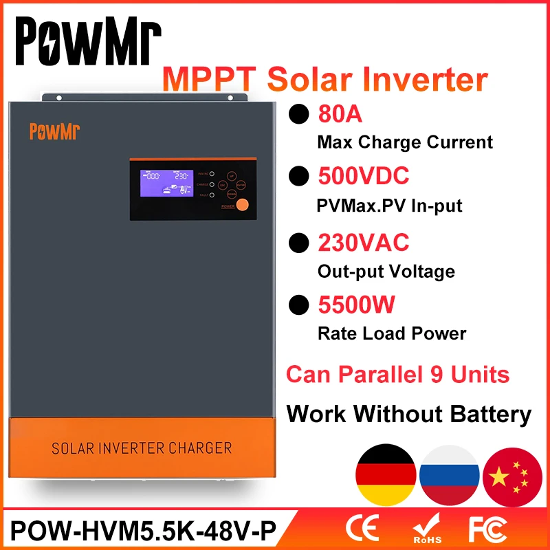 Powmr 5.5kva 5.5kw Hybrid Solar Inverter Mppt 80a 500vdc Pv Input 220vac 48v With Parallel ...