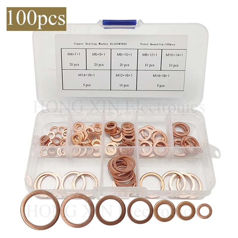 100pcs/set M4-m14 Professional Assorted Copper Washer Gasket Set Flat ...
