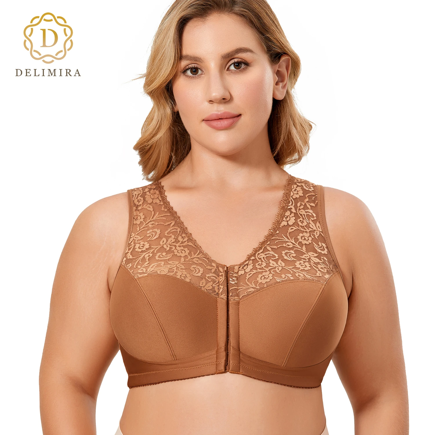 Delimira Women's Lace Full Coverage Wirefree Front Closure Bra Racerback Plus Size - Bras ...
