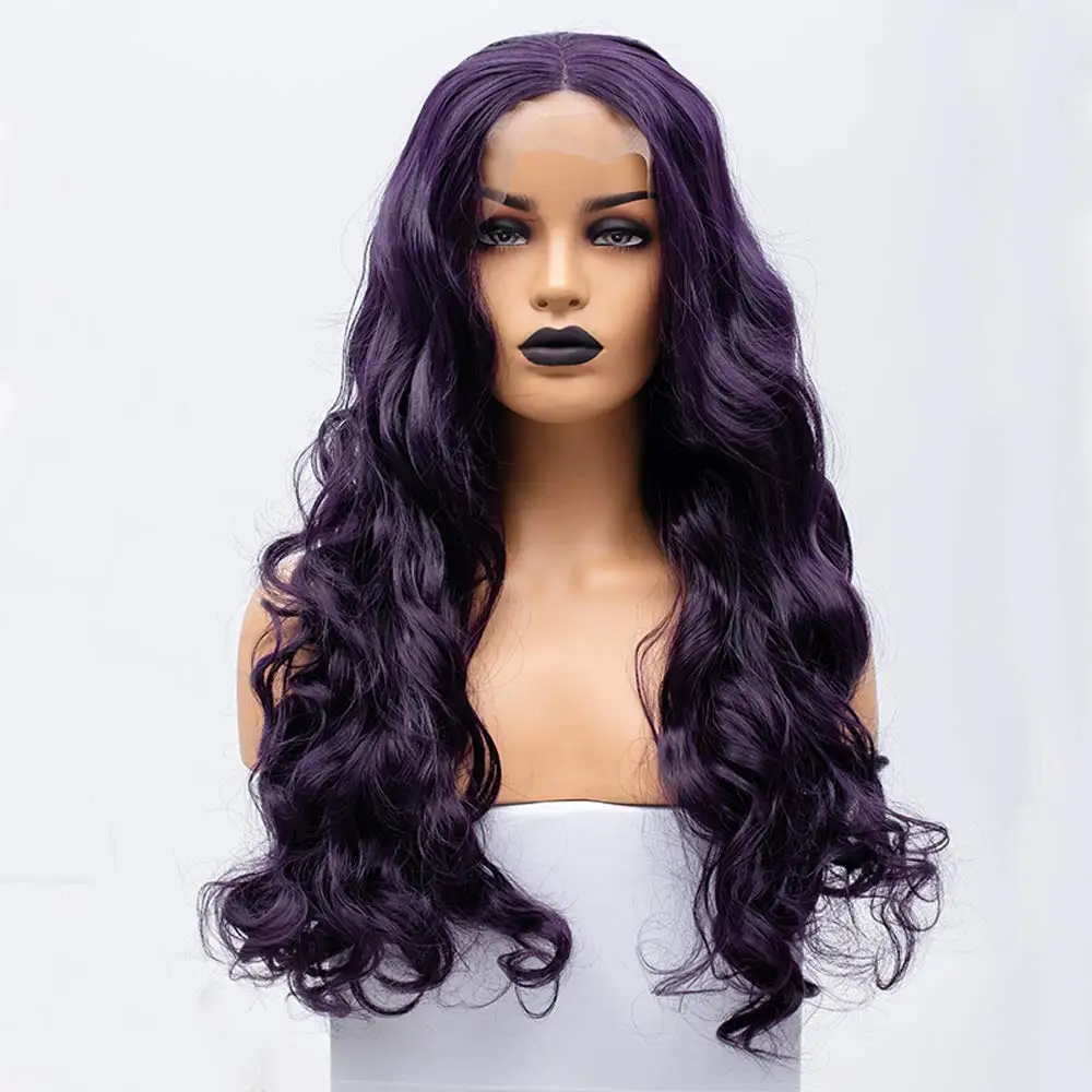 RONGDUOYI Long Purple Wavy Hair Lace Wigs for Women Side Part Synthetic ...